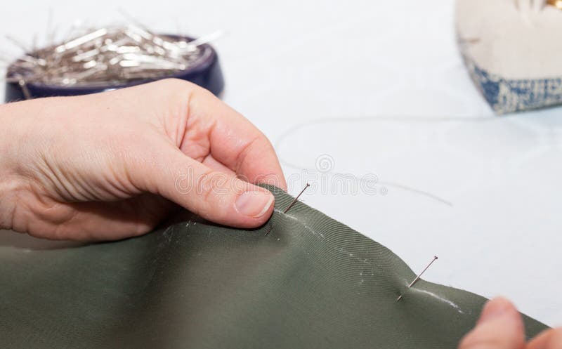 Seamstress Hands at Work, Threads and Needles Stock Photo - Image of ...