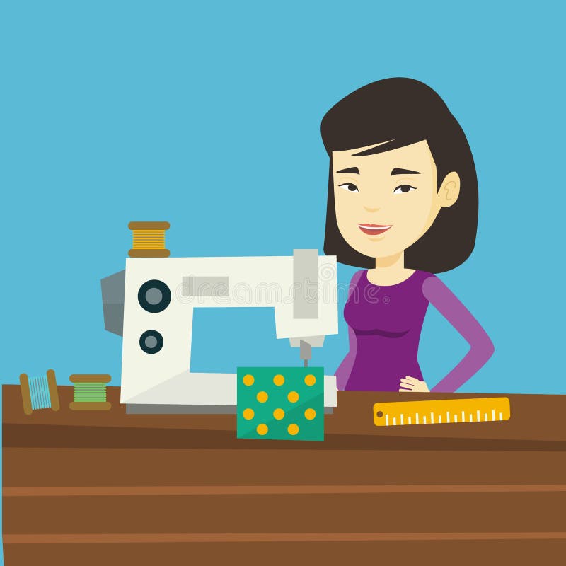 Seamstress Using Sewing Machine At Workshop Stock Vector