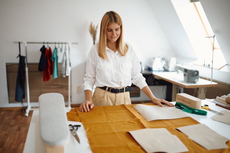 Seamstress Works with Cloth Pattern at Workplace Stock Photo - Image of ...