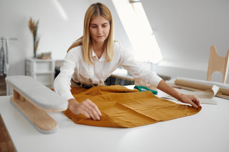 Seamstress Works with Cloth Pattern in Workshop Stock Image - Image of ...