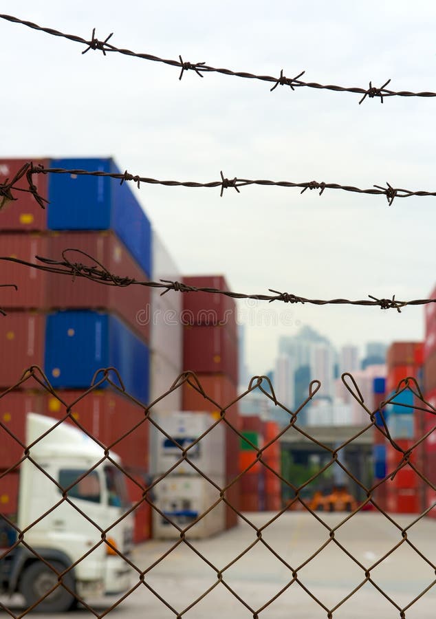 Seaport Container Terminal in Hongkong Behind Barbed Wire Stock Photo ...