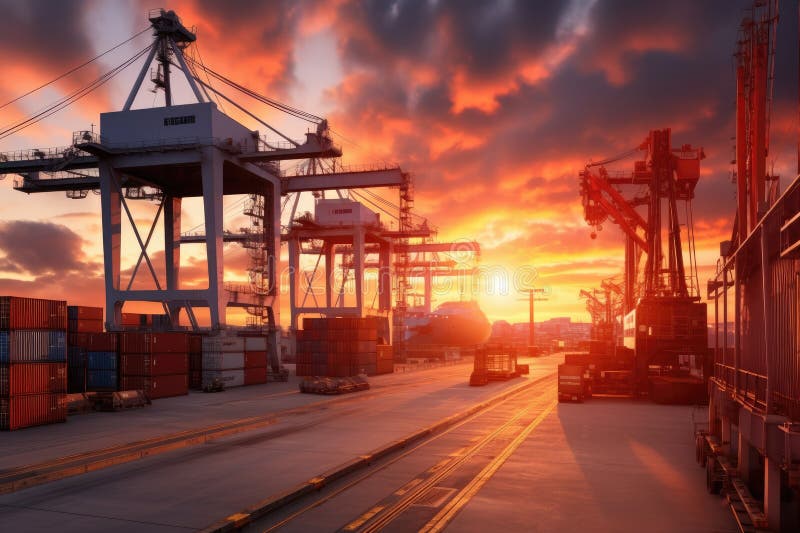 Seaport Loading Cranes at Sunset. Import and Export of Goods, World ...
