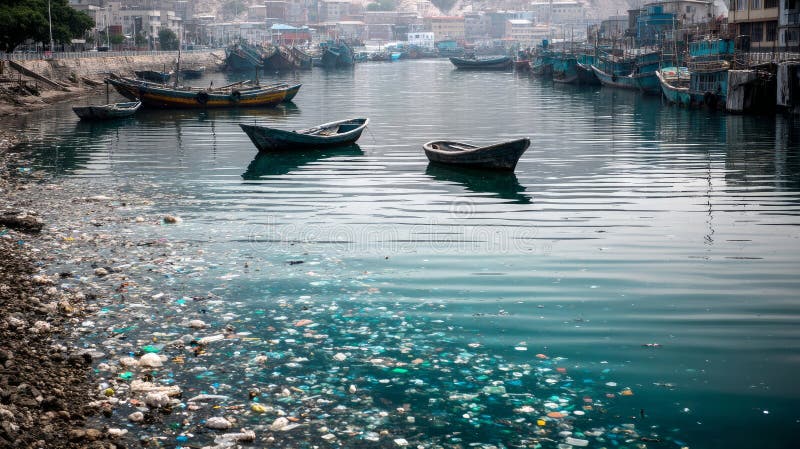 A Seaport with Plastic Trash Scattered Everywhere. Plastic Pollution in ...