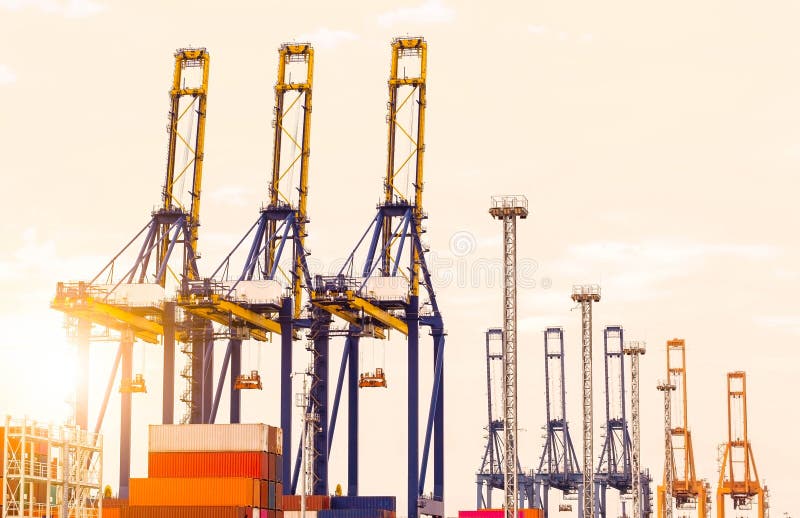 Seaport Terminal with Crane Container Cargo Freight Shipping. Stock ...