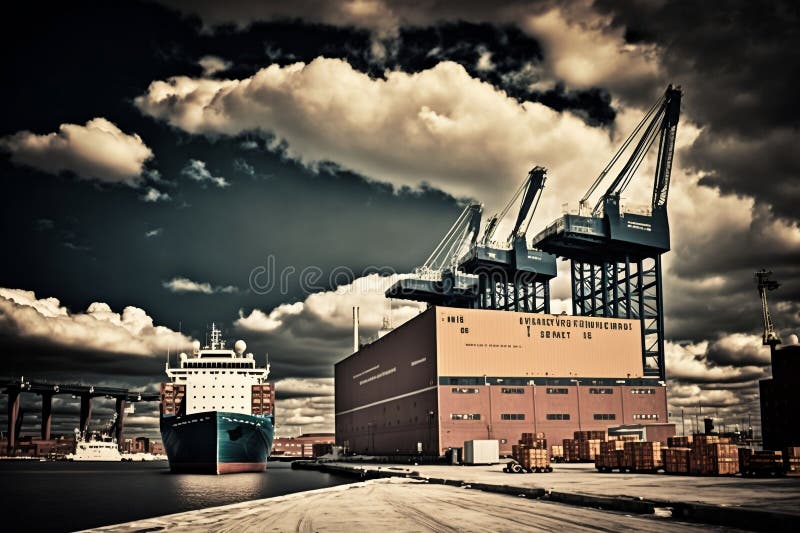 A Seaport Terminal Featuring Containers and a Crane in the Background ...