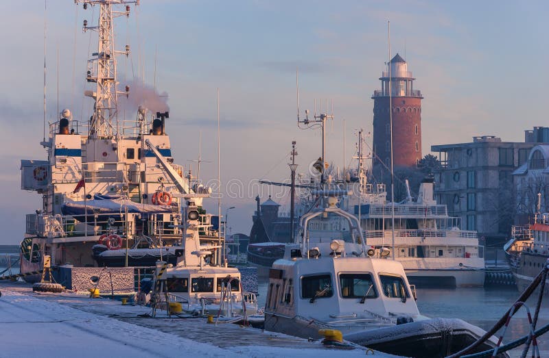 Seaport winter stock image. Image of hull, lighthouse - 82188735
