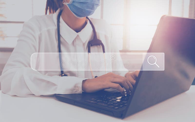 Search Bar of Internet Browser and Doctor Working on Modern Laptop at ...