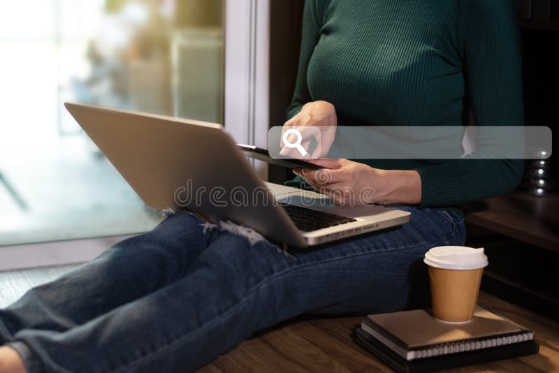 Search Bar of Internet Browser and Women Working on Modern Tablet and ...