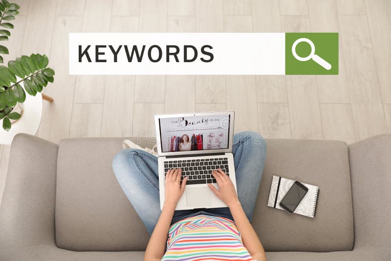 Search Bar with Text KEYWORDS and Woman with Laptop on Sofa Stock Image ...