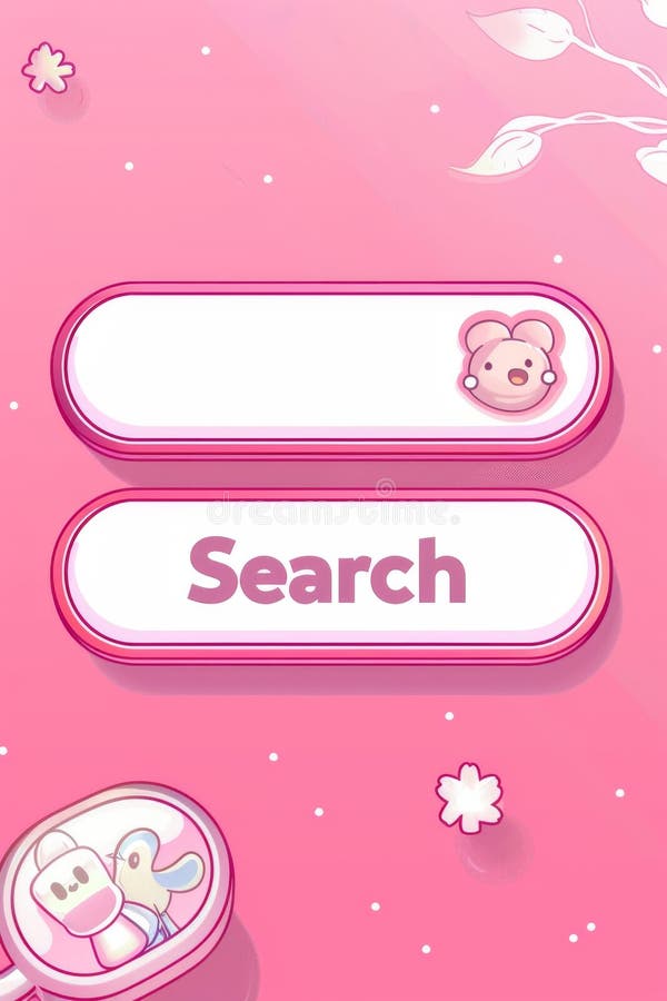Search Button Interface on Pink Background with Cute Character Icon ...