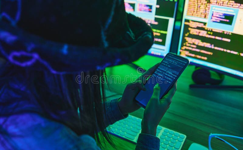 Search, Computer or Hacker Woman on Smartphone for Cybersecurity, App ... Search, Computer or Hacker Woman on Smartphone for Cybersecurity, App ...