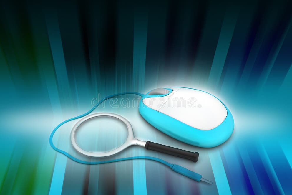 Search Concept. Magnifying Glass with Computer Mouse Stock Illustration ...