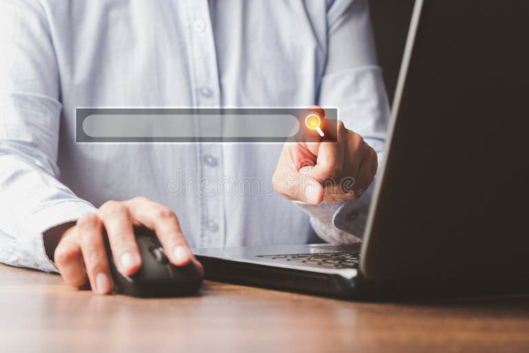 Search Engine Online Concept. Close-up of Hand a Man Using a Laptop for ...