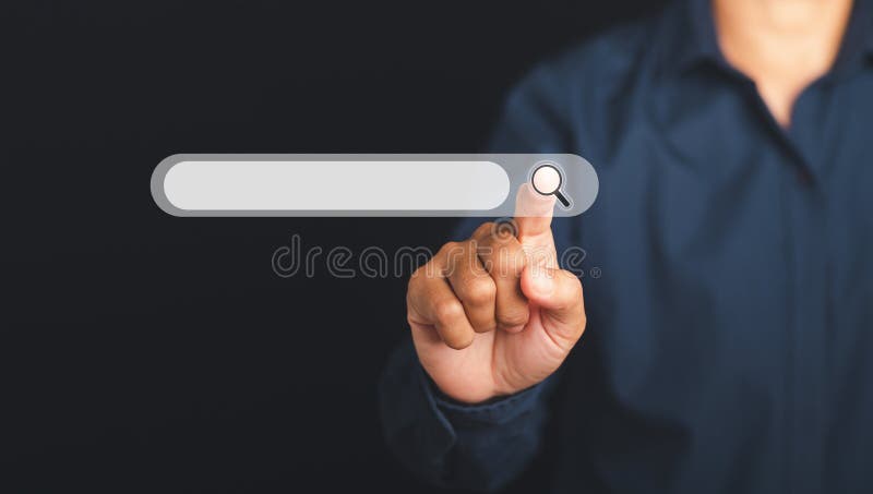 Hand of a Man Pressing Search Button for Searching Information on the ...