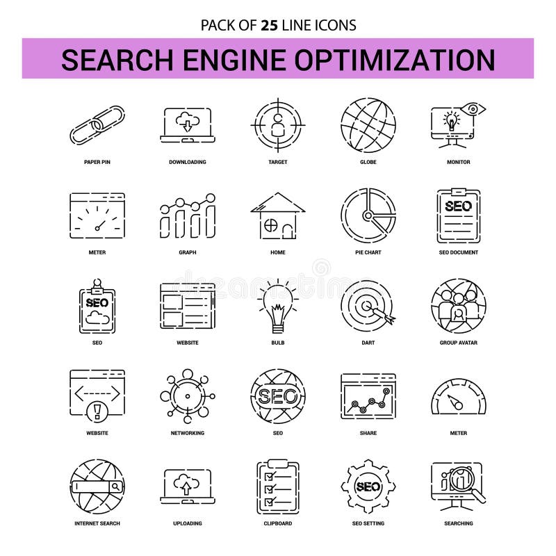 Search Engine Optimization Line Icon Set - 25 Dashed Outline Sty Stock ...