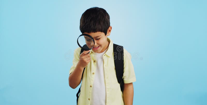 Search, Looking and a Child with a Magnifying Glass on a Blue ...