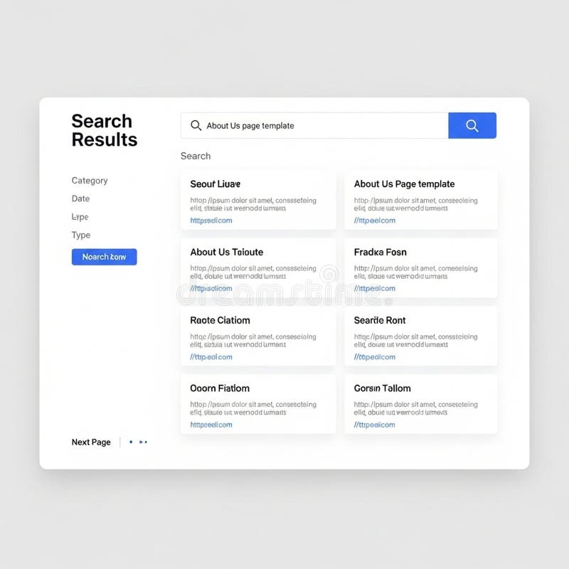Search Results Interface Displaying a Query for "about Us Page Template." the Layout Stock ...