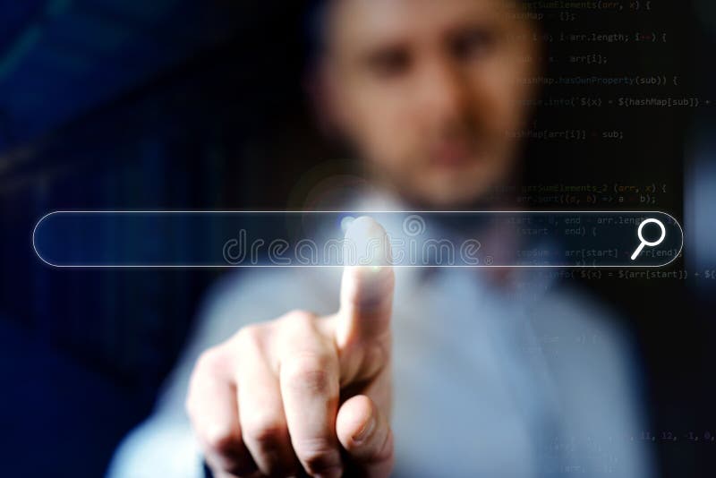 Searching Browsing Concept. Man with Index Finger Clicks on Search Bar ...