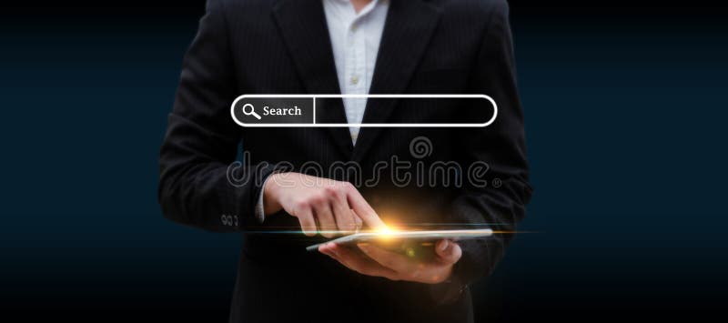 Searching. Business Man Hand Touching on Digital Mobile Tablet with ...