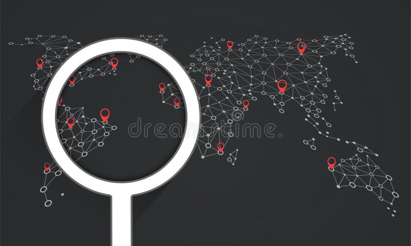 Searching Locations in World Map with Magnifying Glass on Dark ...