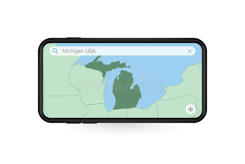 Searching Map of Michigan in Smartphone Map Application. Map of ...