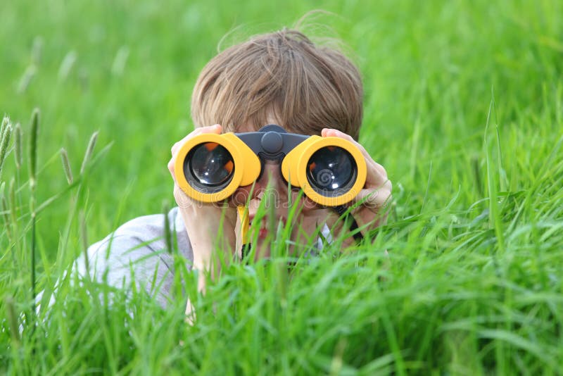 Young Child Searching with Safari Hat and Binocula Stock Photo - Image ...