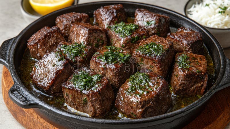Seared Beef Cubes in Cast Iron Pan with Herbs Stock Illustration ...