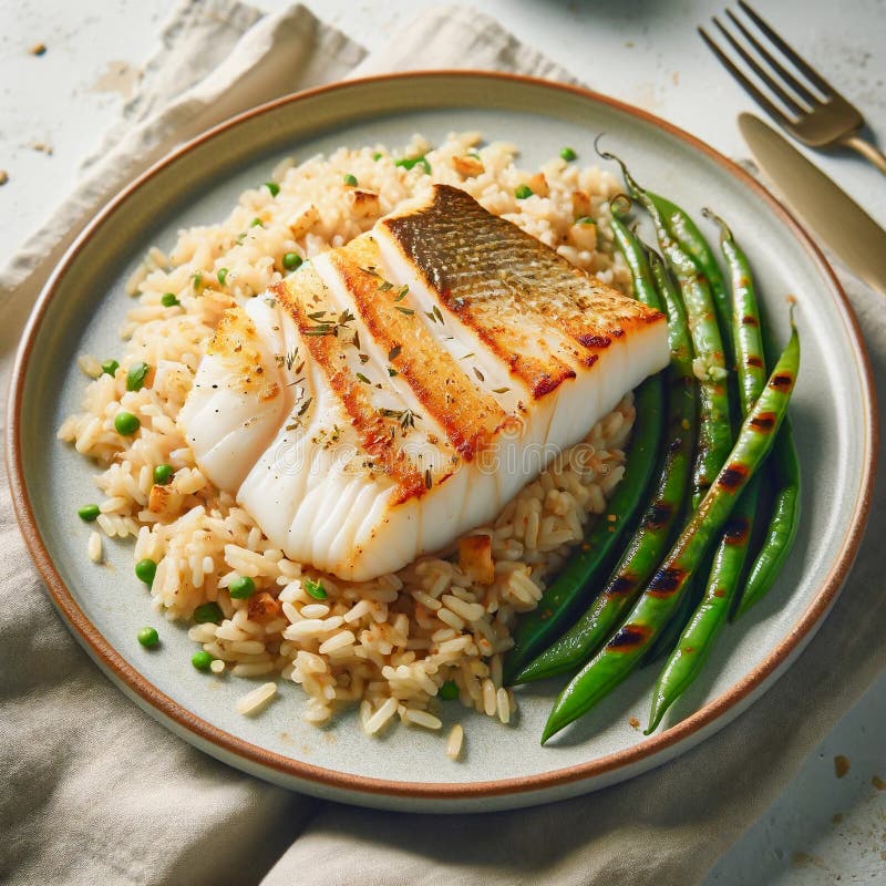 Seared Cod Fillet Atop Herbed Rice with a Side of Green Beans on a ...