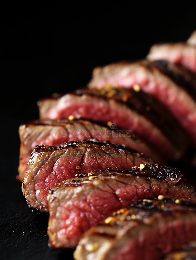 Seared Medium Rare Beef Slices on Black Background Stock Illustration ...