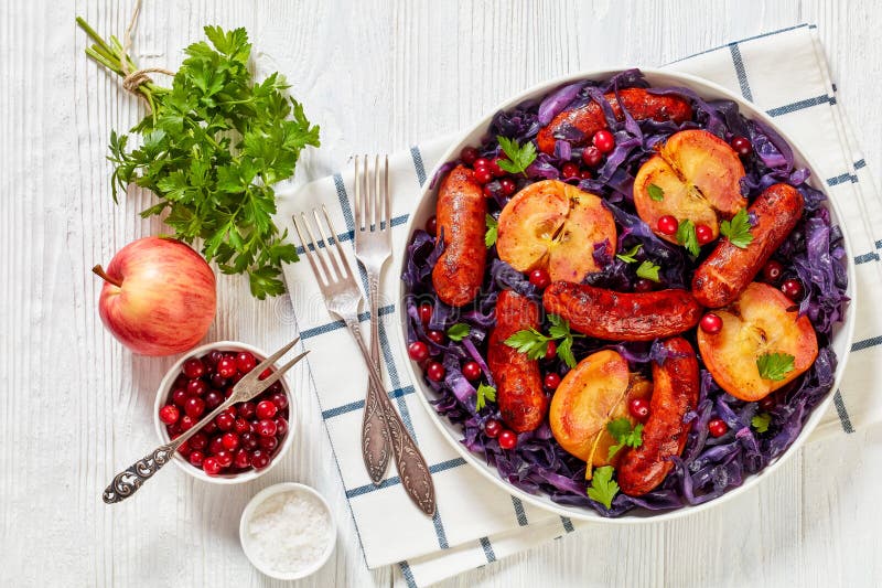 Seared Sausage, Red Cabbage and Apples on Plate Stock Image - Image of ...