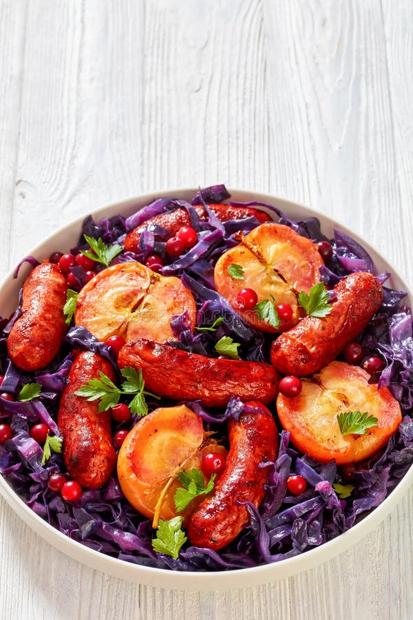 Seared Sausage, Red Cabbage and Apples on Plate Stock Image - Image of ...