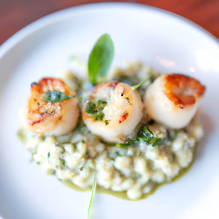 Seared Scallops with Basil Risotto Top View Stock Illustration ...