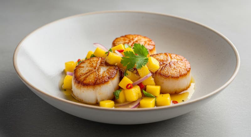Seared Scallops with Mango Salsa and Cilantro in a White Bowl Stock ...