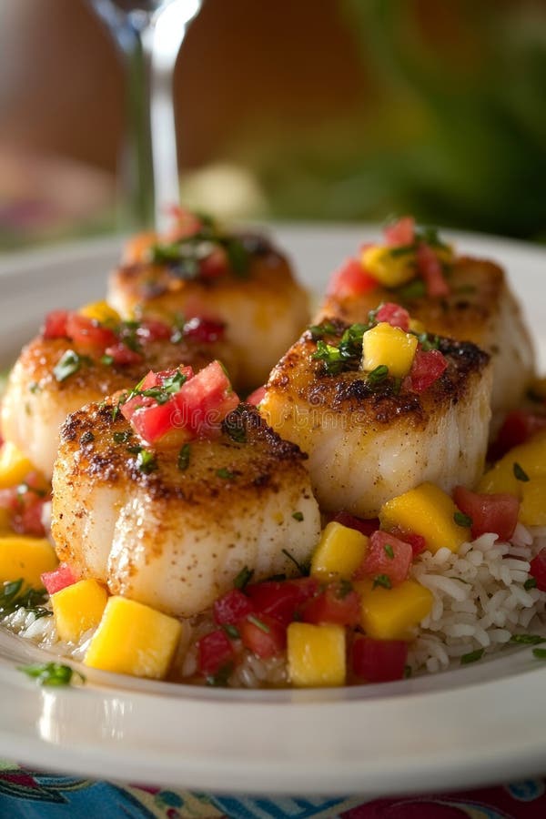 Seared Scallops with Mango Salsa a Gourmet Seafood Dish Served on a Bed ...