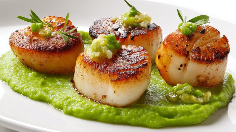 Seared Scallops Served on Pea Puree with Garnishes at an Upscale Dining ...
