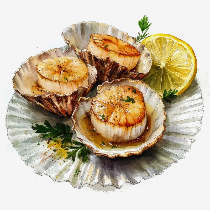 Seared Scallops Served on a Plate of Clams with Vibrant Garnishes ...