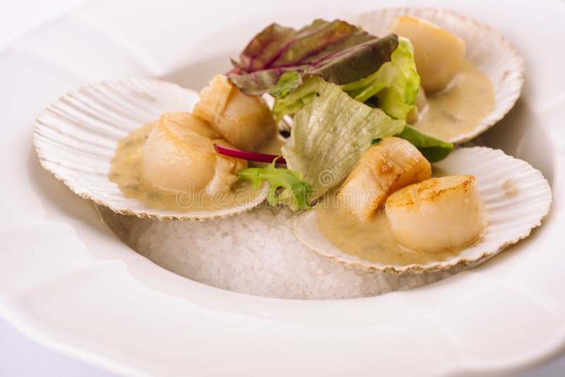 Seared Scallops Shell with Butter and Lettuce Stock Photo - Image of ...