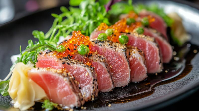 Seared Tuna Sashimi with Sesame Seeds and Roe Stock Illustration ...