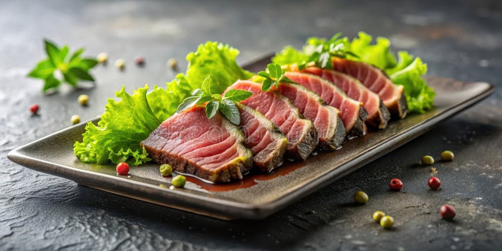 Seared Tuna Slices with Fresh Herbs and a Savory Glaze, Served on a ...