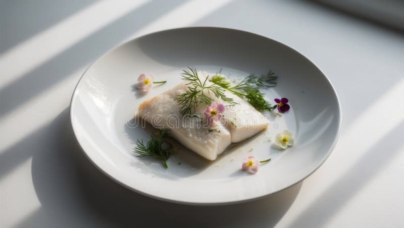 Seared White Fish with Dill and Edible Flowers. Stock Image - Image of ...