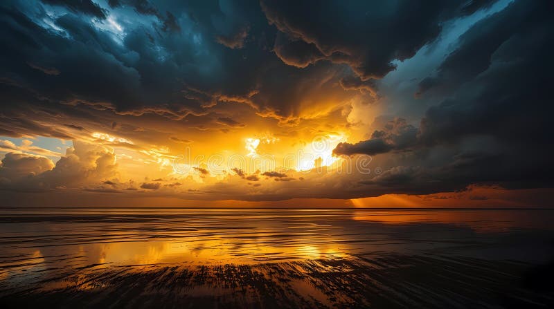 Seascape Backdrop - Dramatic Storm Clouds with Golden Sunset Light Reflecting on Ocean Surface ...