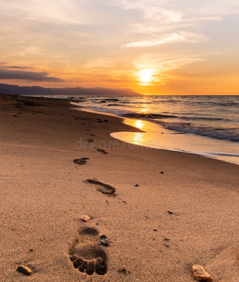 Sunset Ocean Footprints in the Sand Stock Photo - Image of footprint ...