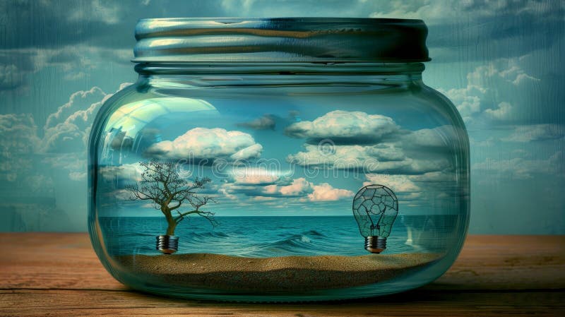 Seascape in a Jar Surreal Concept of Imagination with Clouds. Tree, and ...