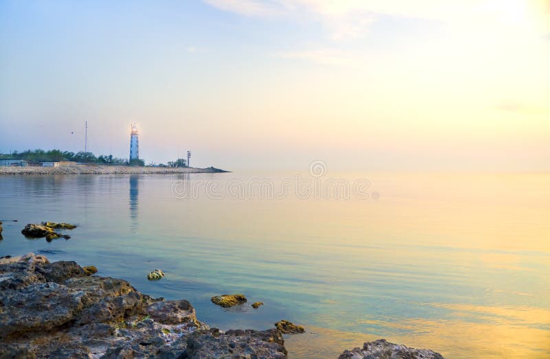 Seascape and Lighthouse on the Shore. Stock Image - Image of calm ...