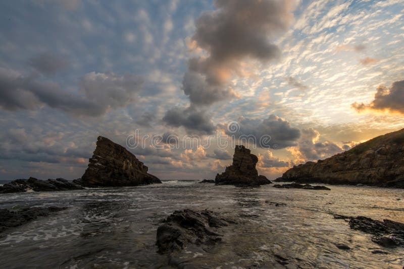 Seascape and Magnificent Dramatic Sunrise Over Rock Formation the Ships ...