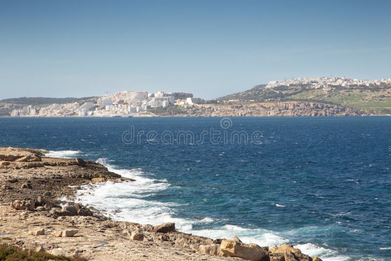 The Beach of Qawra City in Malta. Qawra, St Paul`s Bay, Malta Stock ...