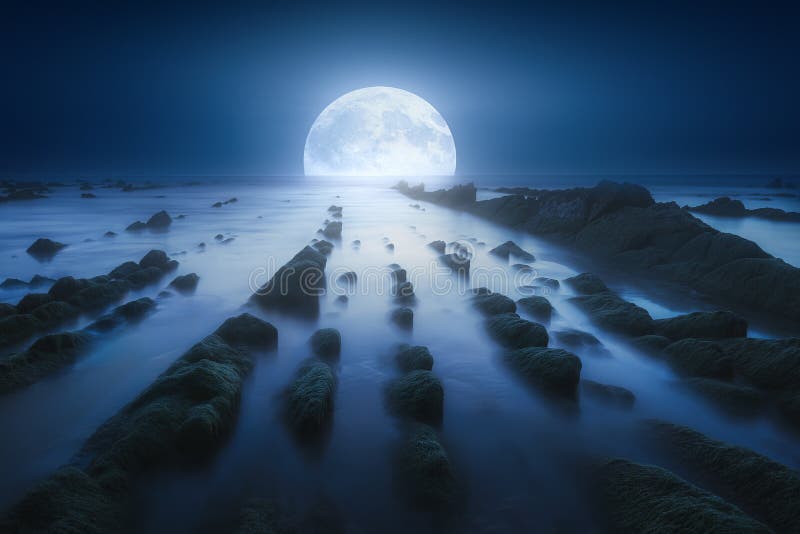 Seascape at Night with Moon Over the Sea Stock Image - Image of ...