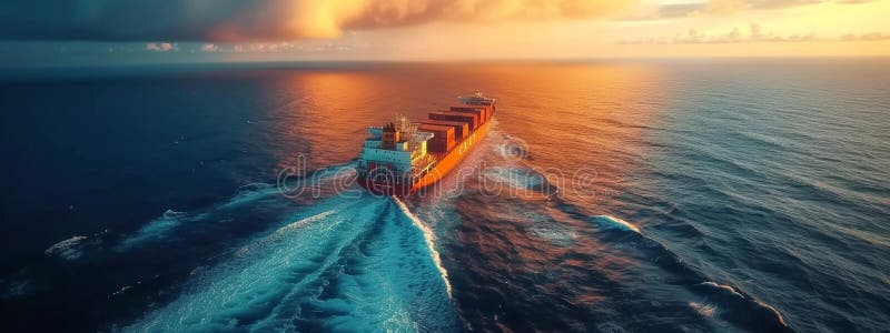 Seascape Odyssey Above View of Cargo Ship Navigating Endless Waters ...