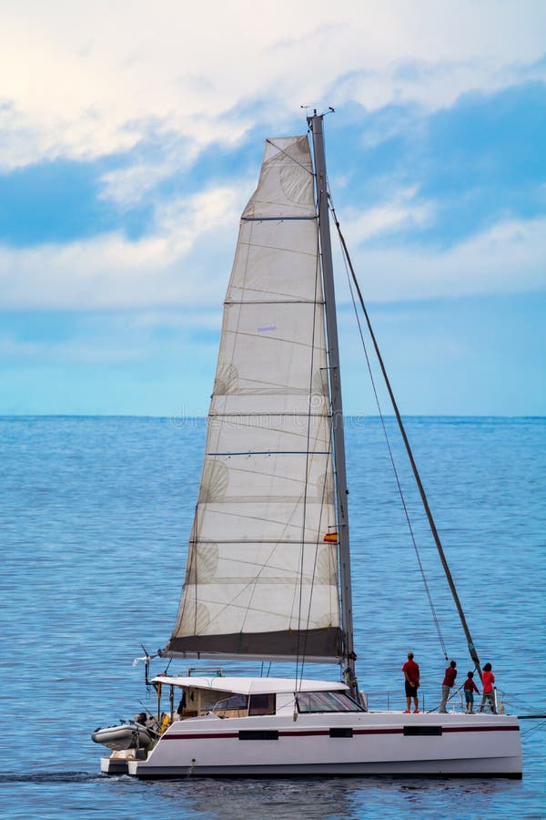Seascape with One Sail Boat, Cloudy Sky and Waves of Atlantic Ocean ...