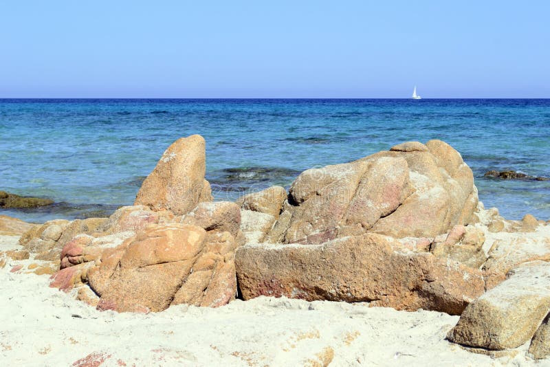 Seascape with Rocks and a a Boat Stock Image - Image of turquoise, sand ...